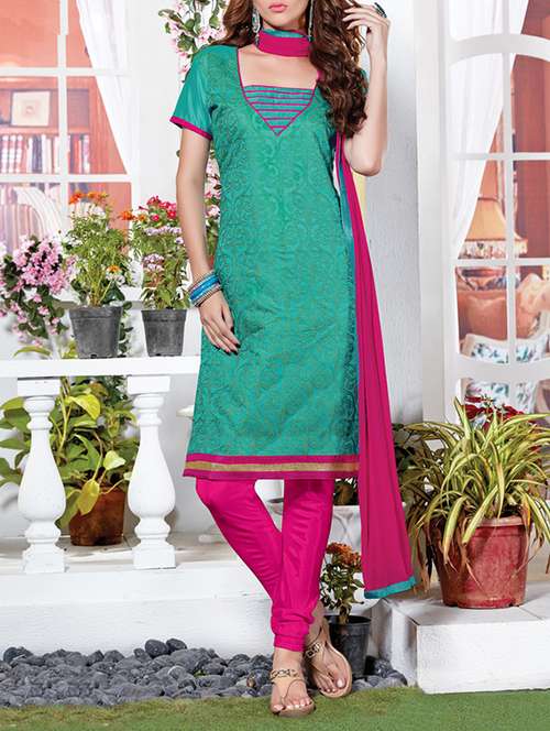 Buy online Green Cotton Unstitched Dress Material from Suits & Dress ...