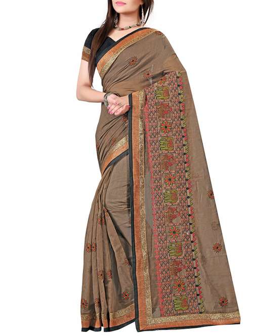 Buy online Brown Chanderi Cotton Embroidered Saree With Blouse from ...