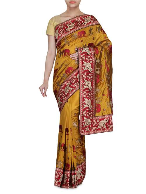 Buy online Mustard Elephant Motif Silk Saree from ethnic wear for Women ...