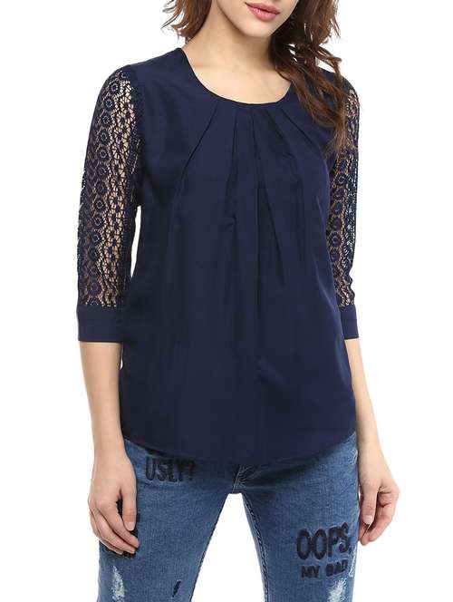 Buy online Navy Blue Pleated Poly Crepe Top from western wear for Women ...