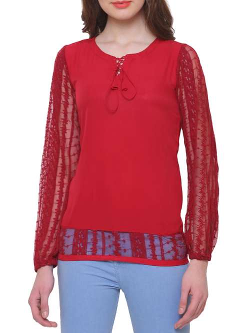 Buy online Red Solid Tie Up Neck Top from western wear for Women by ...