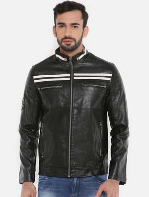 Buy online Black Leatherette Biker Jacket from Jackets for Men by The ...