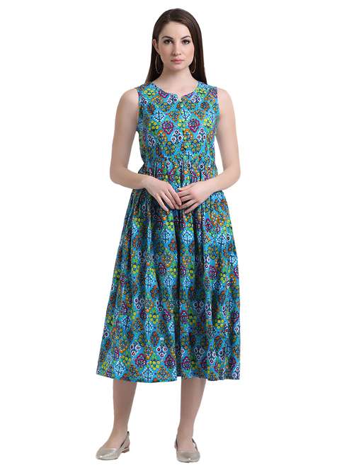 Buy online Block Print Pleated A-line Dress from western wear for Women ...