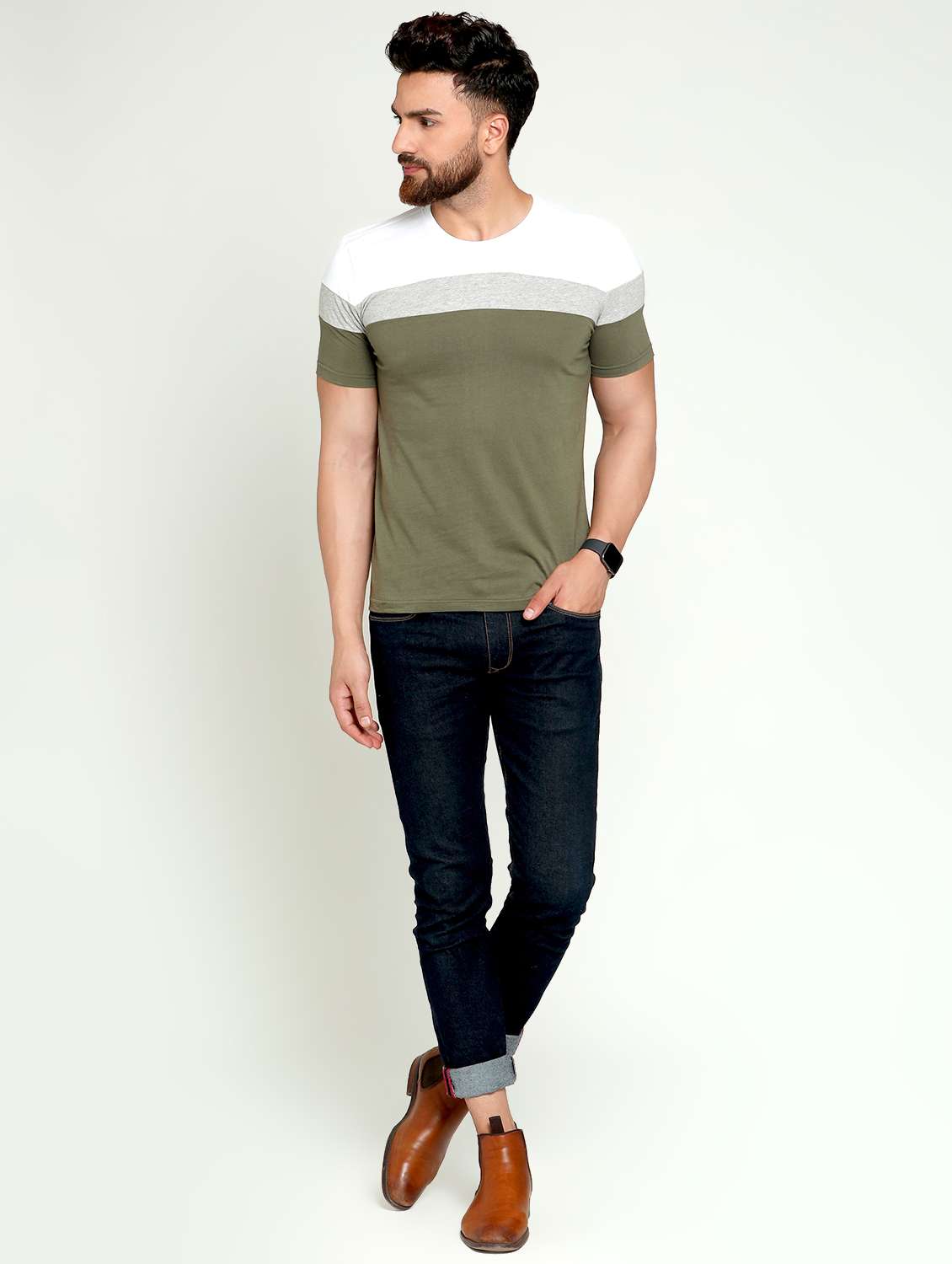 Buy online Olive Green Color Block T-shirt from top wear for Men by ...