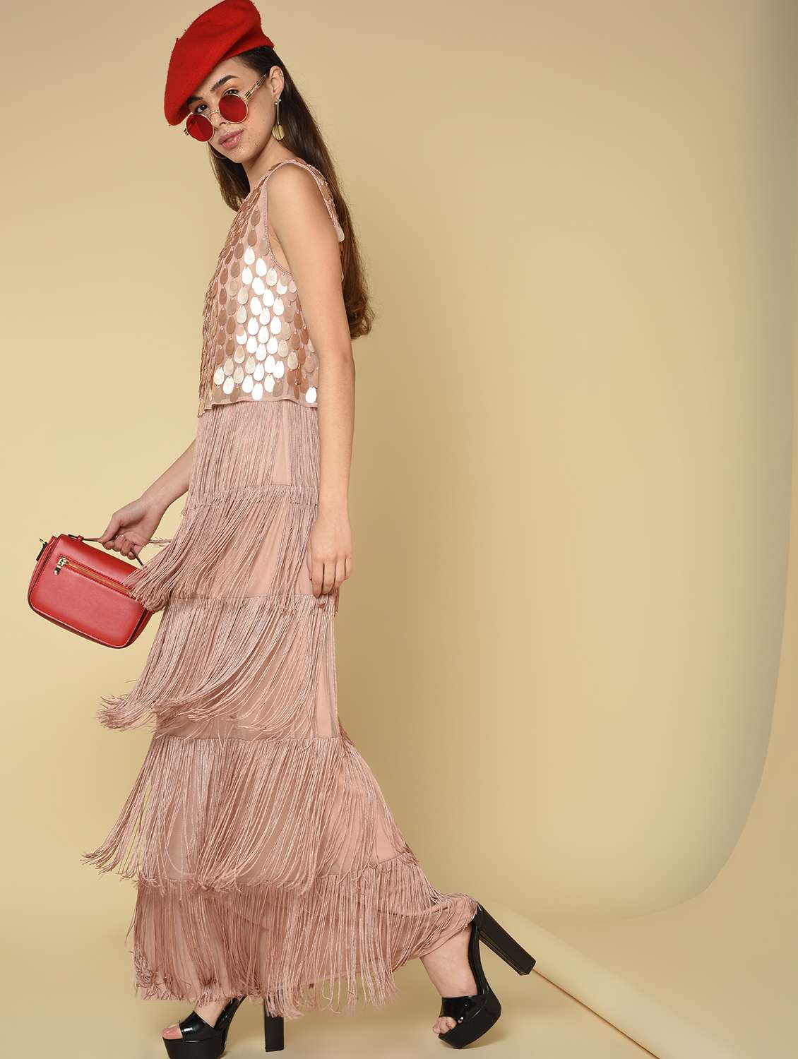 Buy online Sequin Embellished Fringed Maxi Dress from western wear for ...