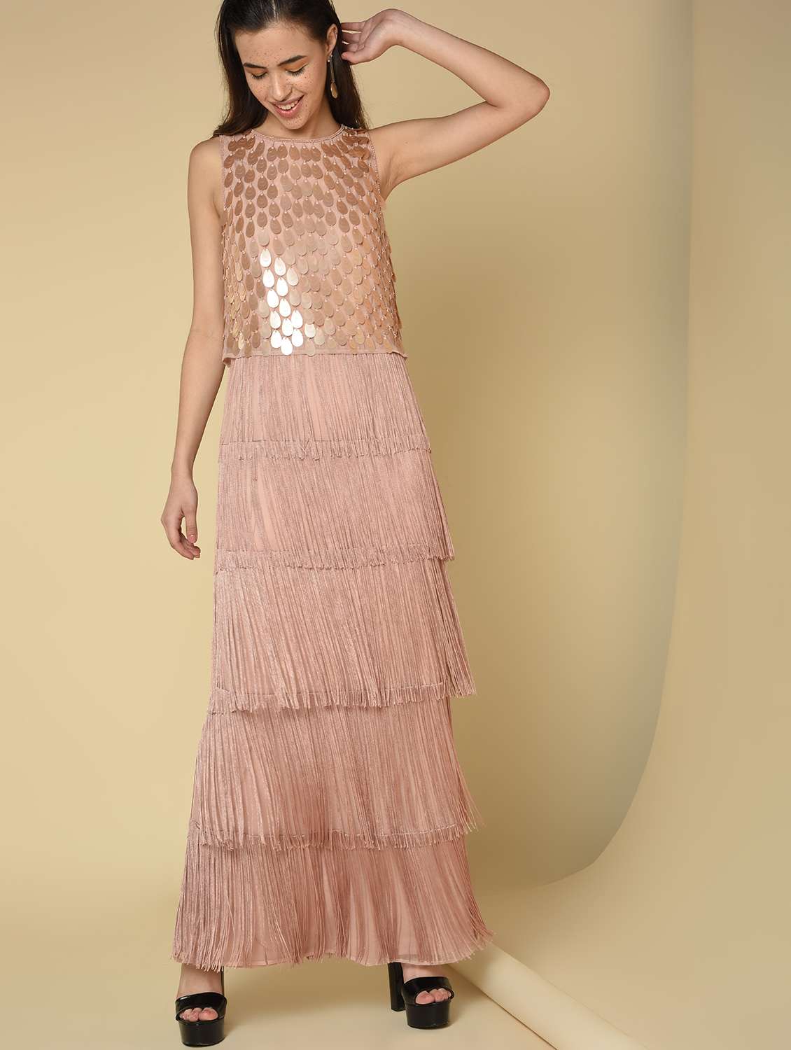 Buy online Sequin Embellished Fringed Maxi Dress from western wear for ...