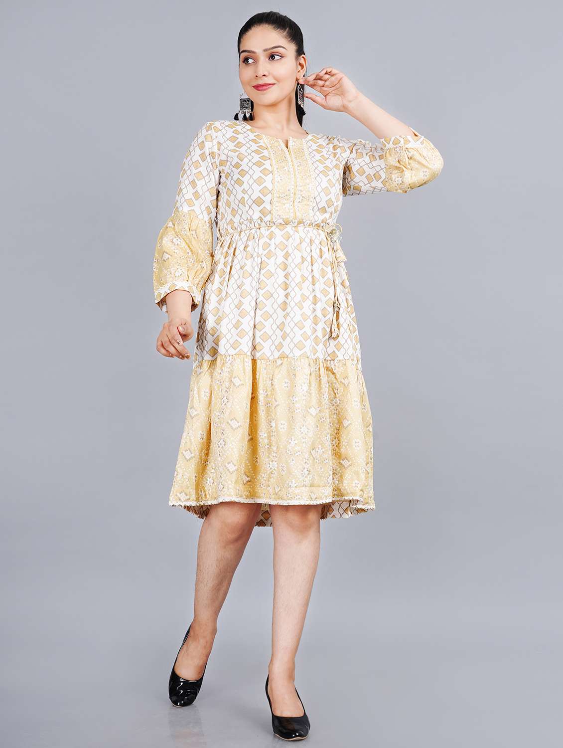 Buy online Yellow Printed Flared Ethnic Dress from ethnic wear for ...