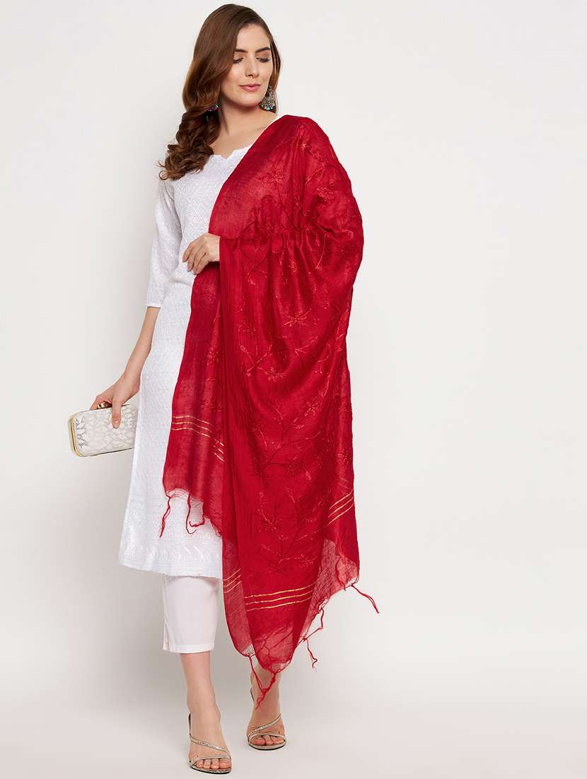 Buy online Red Cotton Embroidered Dupatta from dupattas and scarves for ...