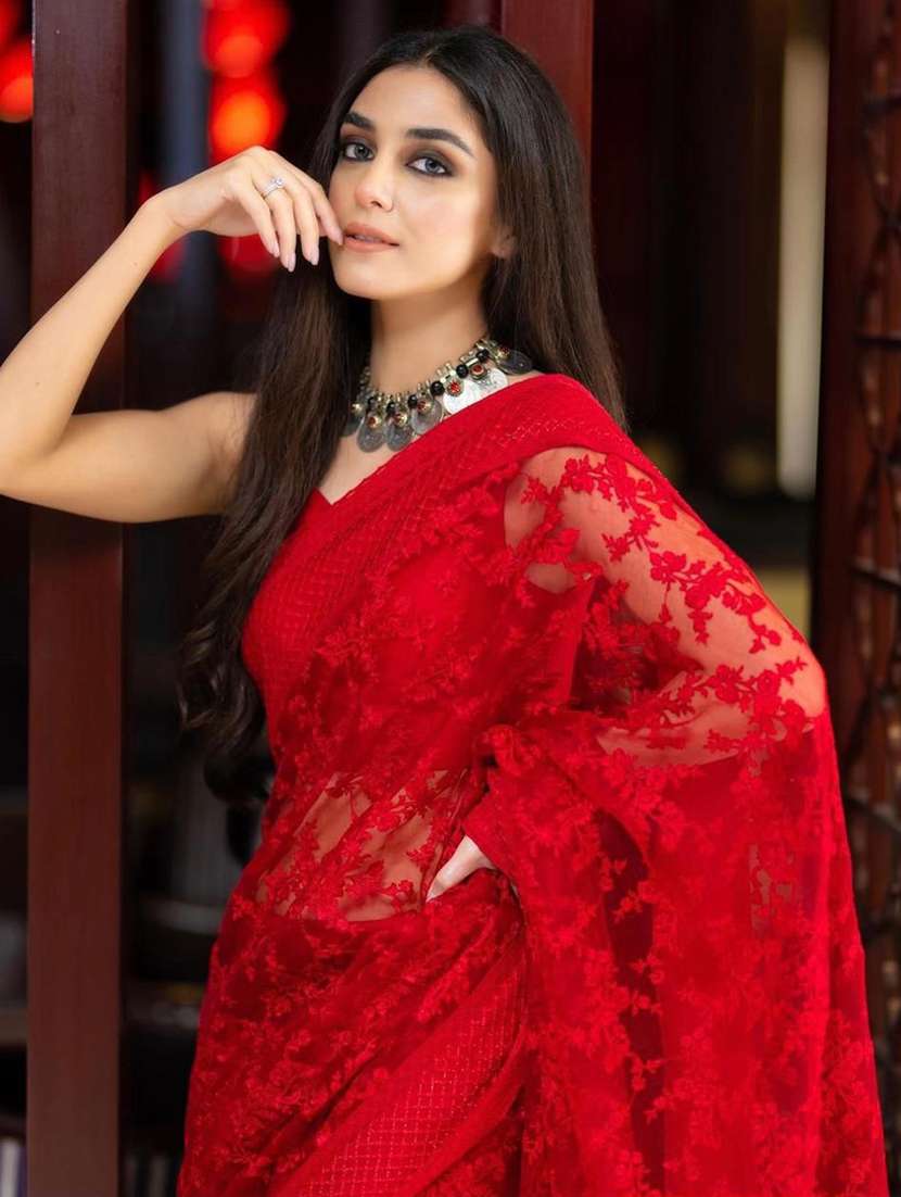 Buy online Red Tonal Embroidered Net Saree With Blouse from ethnic wear ...