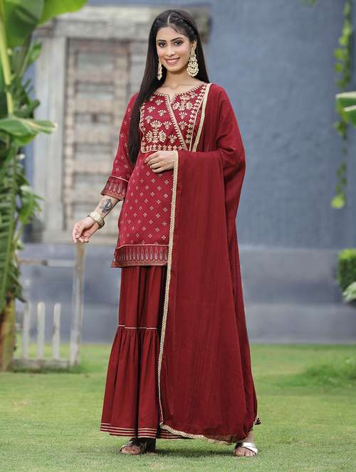 Buy online Embroidered Printed Straight Kurta Skirt Dupatta Set from ...