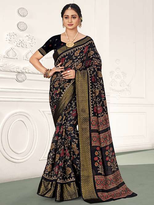 Buy online Women's Self Design Black Colored Saree With Blouse from ...