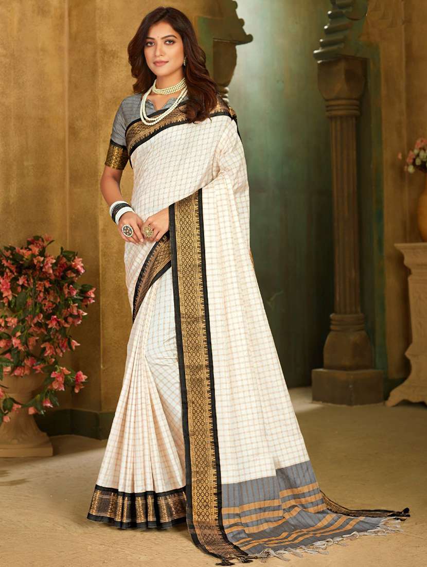 Buy online White Checkered Bollywood Saree With Blouse from ethnic wear ...