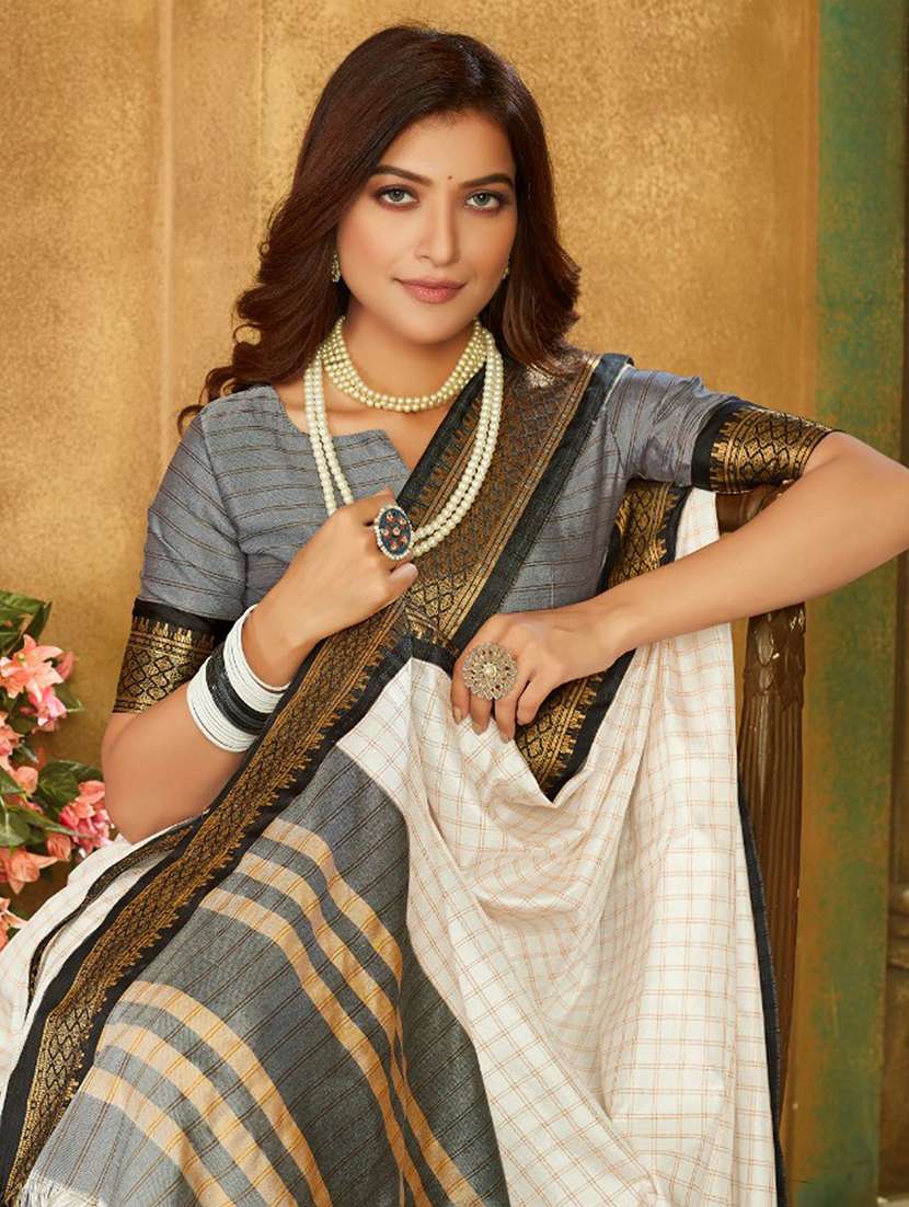 Buy online White Checkered Bollywood Saree With Blouse from ethnic wear ...