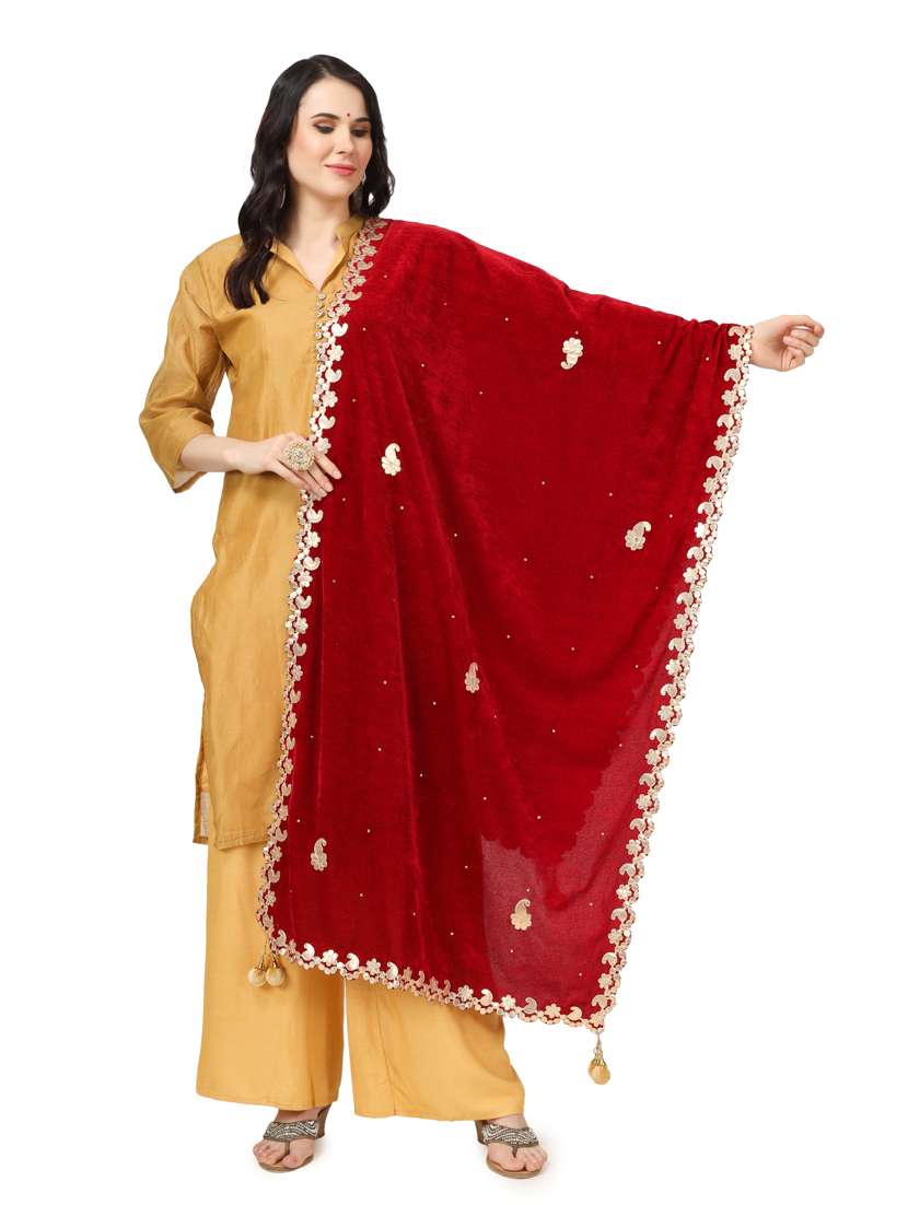 Buy online Maroon Velvet Embroidered Dupatta from dupattas and scarves ...