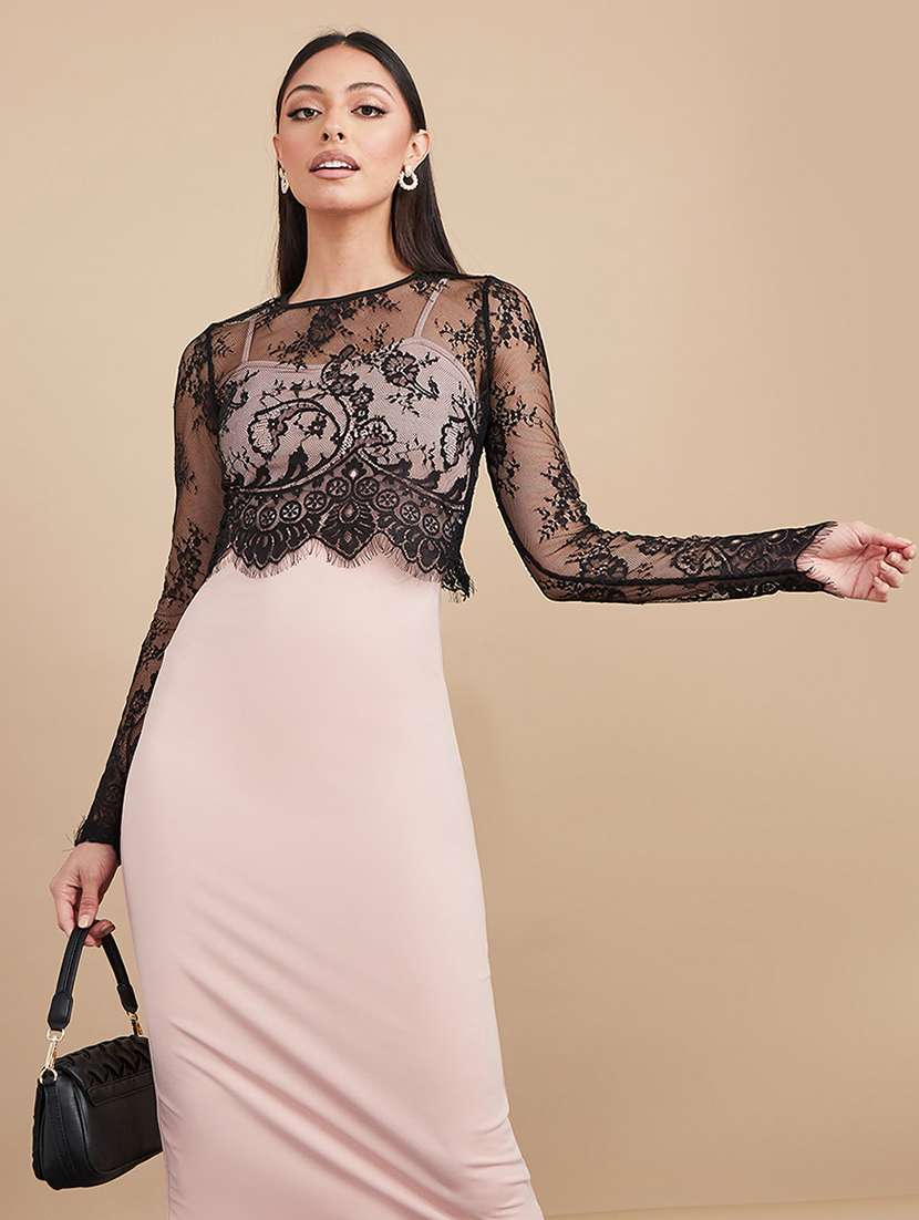 Buy online Long Sleeves Lace Overlay Bodycon Midi Dress from western ...