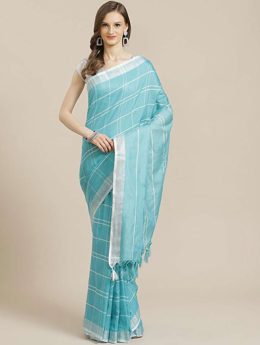 Buy online Blue Checkered Woven Saree With Blouse from ethnic wear for ...