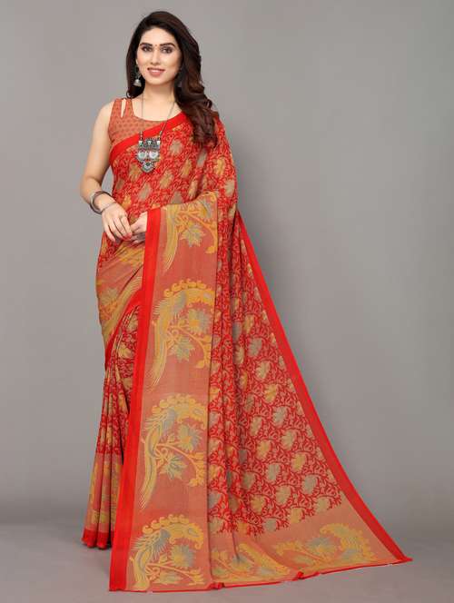 Buy online Red Printed Saree With Blouse from ethnic wear for Women by ...