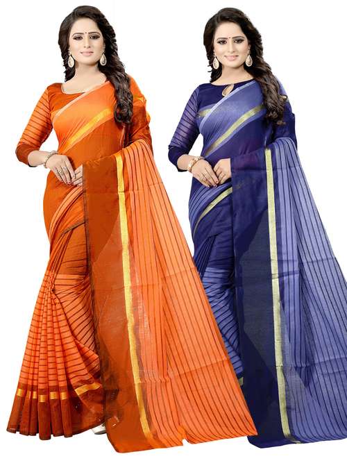 Buy online Women's Stripes Multi Colored Saree With Blouse from ethnic ...