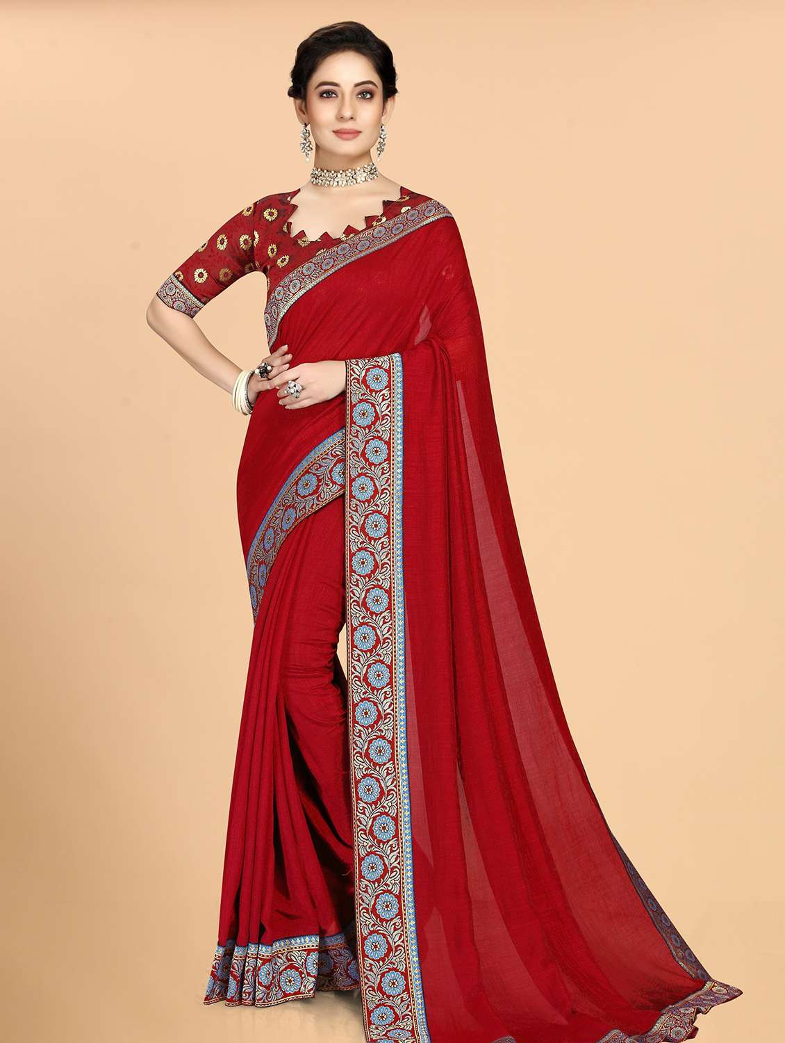 Buy online Women's Bordered Red Colored Saree With Blouse from ethnic ...