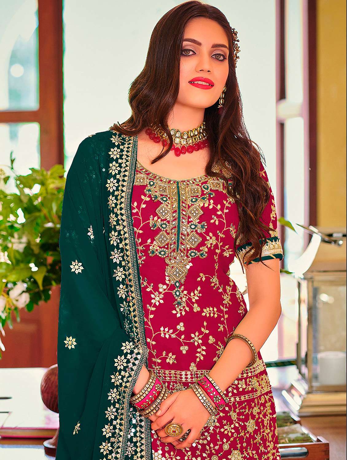 Buy online Self Design Embroidered Semi-stitched Suit Set from Suits & Dress material for Women ...