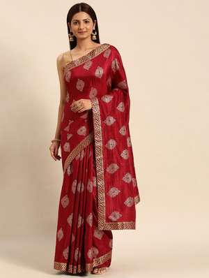 Buy online Maroon Silk Blend Bordered Saree With Blouse from ethnic ...