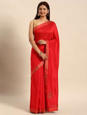 Buy online Red Silk Blend Bordered Saree With Blouse from ethnic wear ...