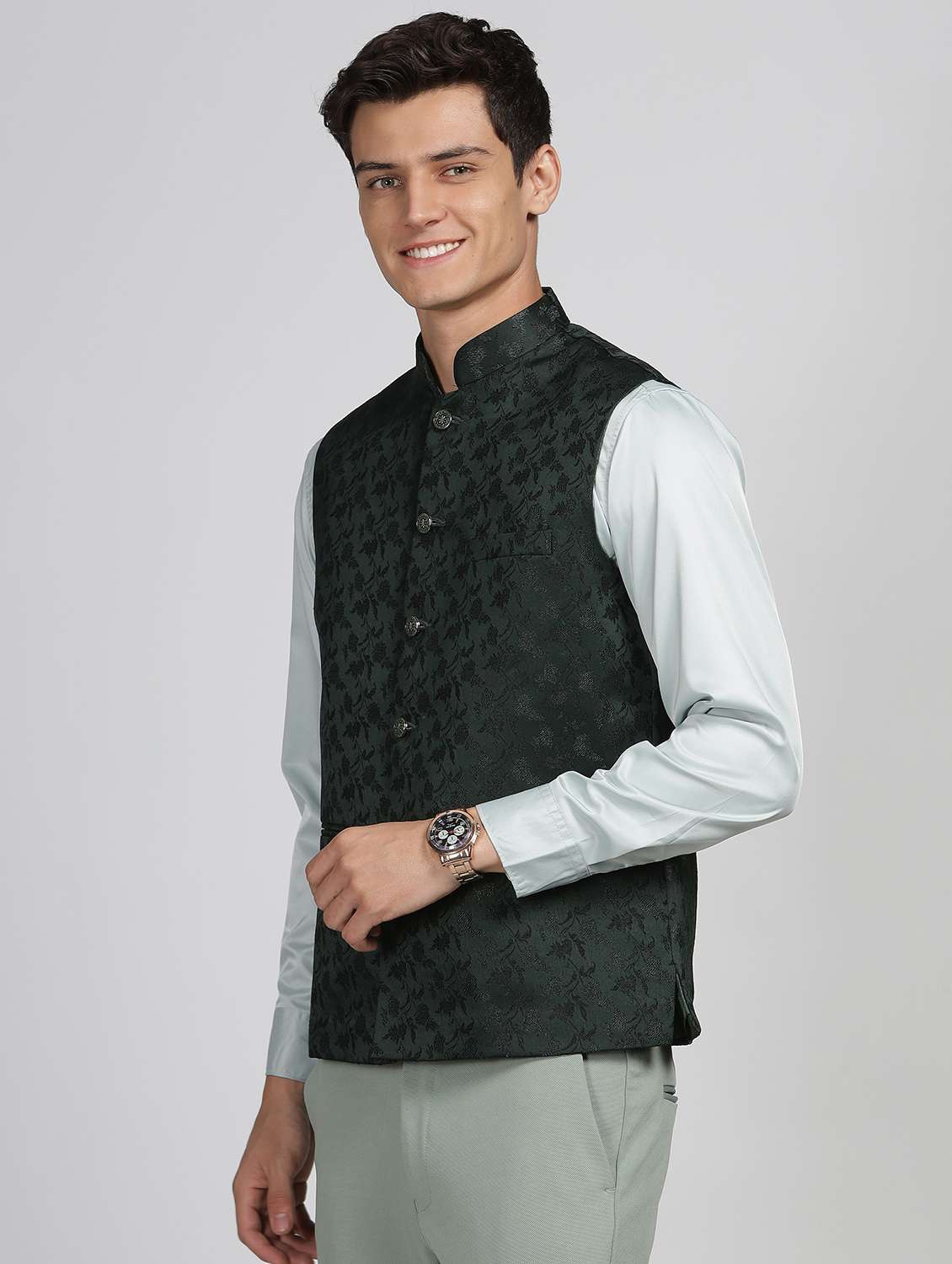 Buy online Mandarin Neck Self Design Nehru Jacket from Jackets for Men ...