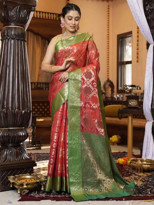 Buy online Women's Self Design Coral Colored Saree With Blouse from ...