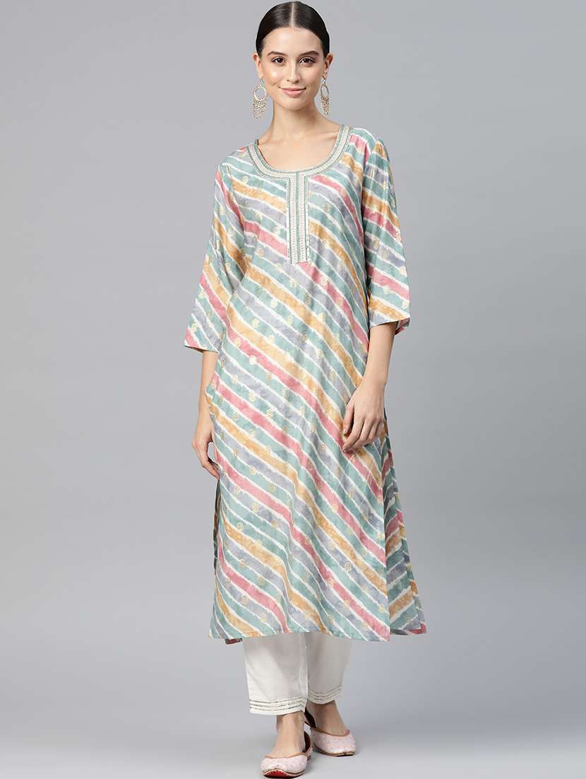 Buy online Women Multi Color Round Neck Straight Kurta from Kurta ...