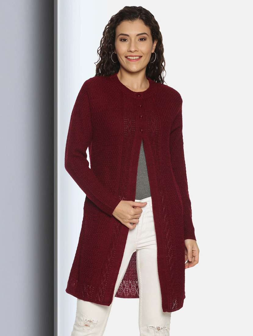 Buy online Maroon Self Designed Long Sleeves Cardigan from Cardigans ...