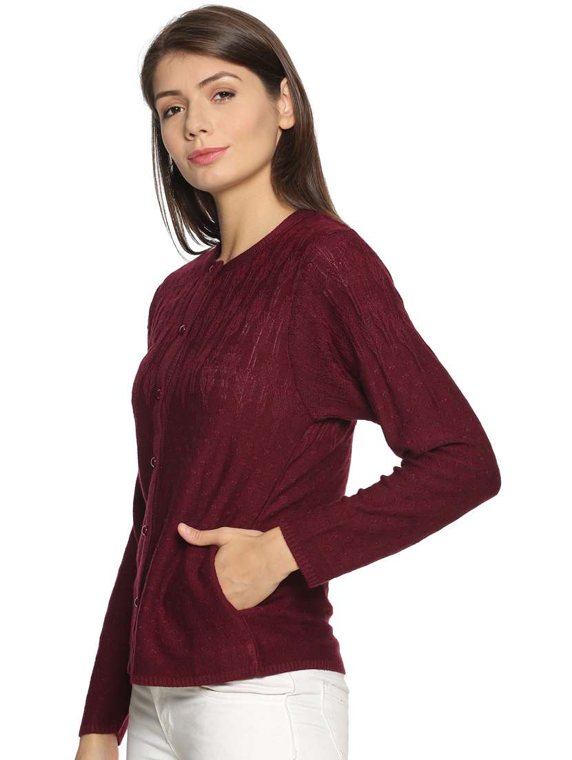 Buy online Maroon Self Designed Long Sleeves Cardigan from Cardigans ...