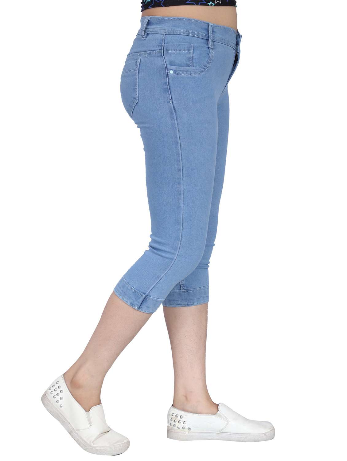 Buy online Light Blue Solid Denim Capri from Capris & Leggings for ...