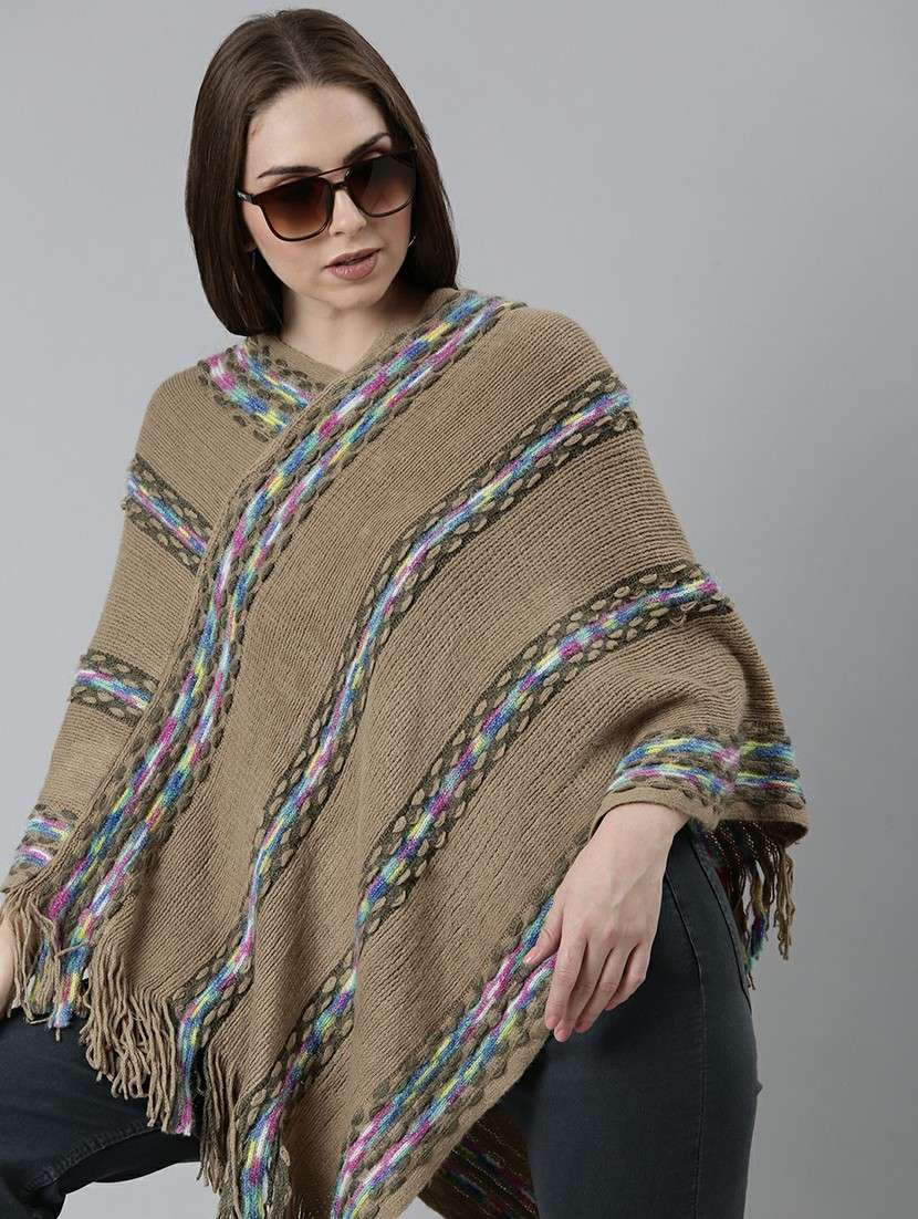 Buy online Women Khaki Self Designed Poncho from winter wear for Women ...