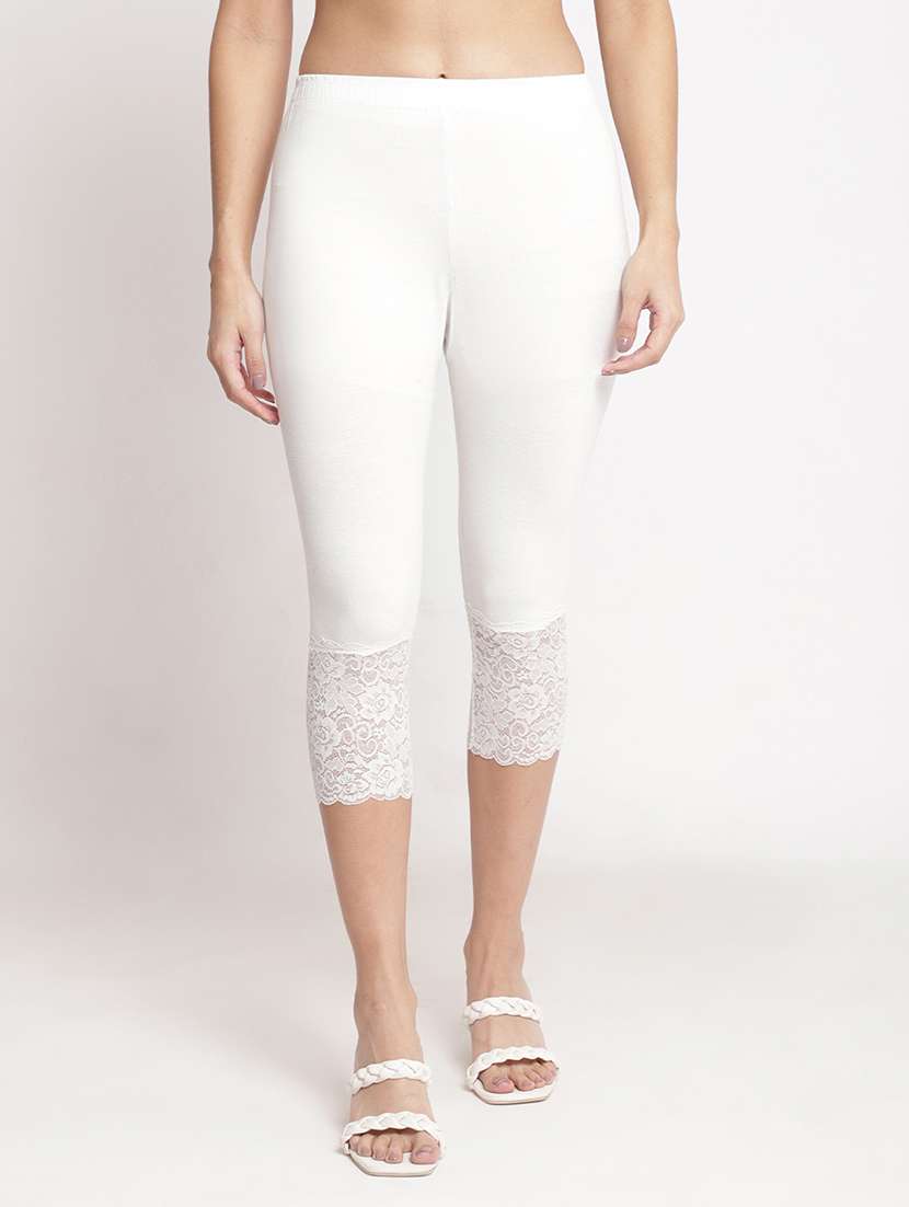 Buy online Solid White Cotton Lycra Detailed Capri from Capris ...