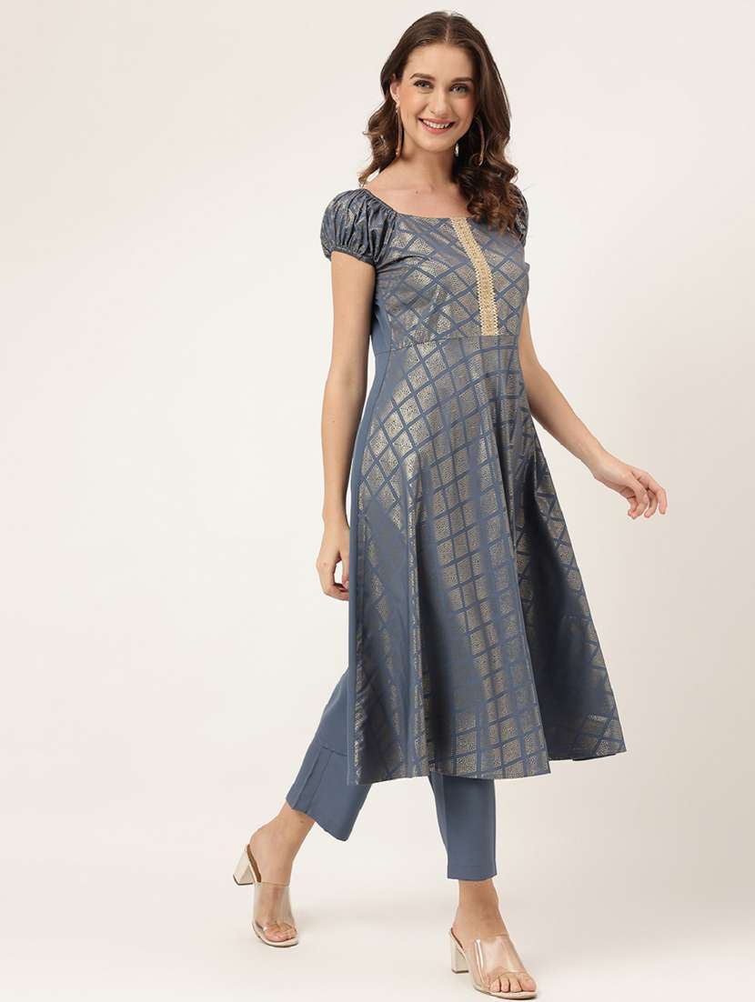 Buy online Women Grey Square Neck Kurta Pant Set from ethnic wear for ...