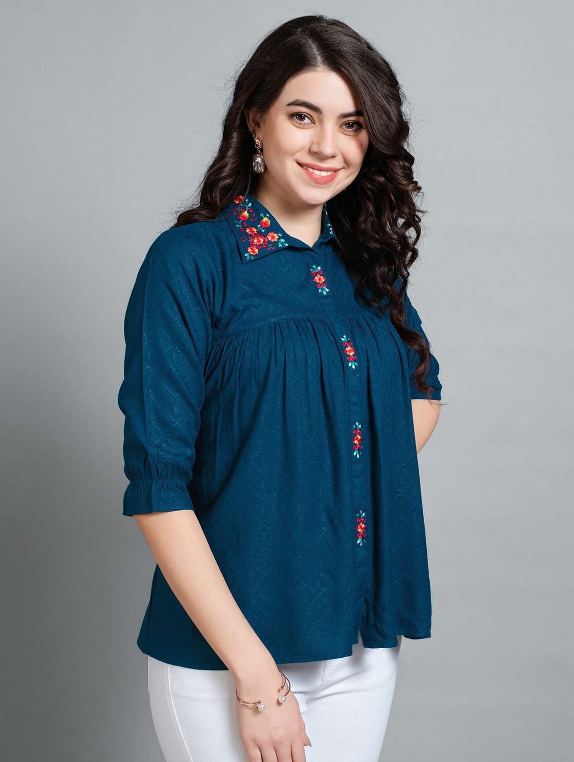 Buy online Women Teal Collared Neck A-line Top from western wear for ...