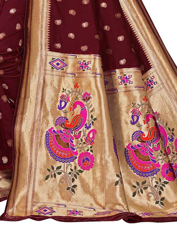 Buy online Women Maroon Self Design Paithani Saree With Blouse from ...