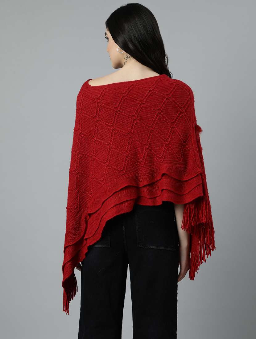 Buy online Women Red Self Design Ponchos from winter wear for Women by ...
