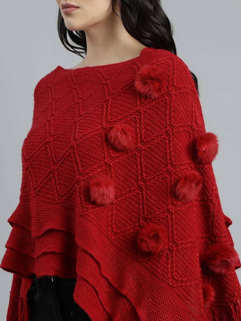 Buy online Women Red Self Design Ponchos from winter wear for Women by ...