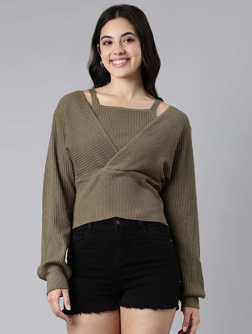 Buy online Women Olive Solids Batwing Sleeves Top from western wear for ...