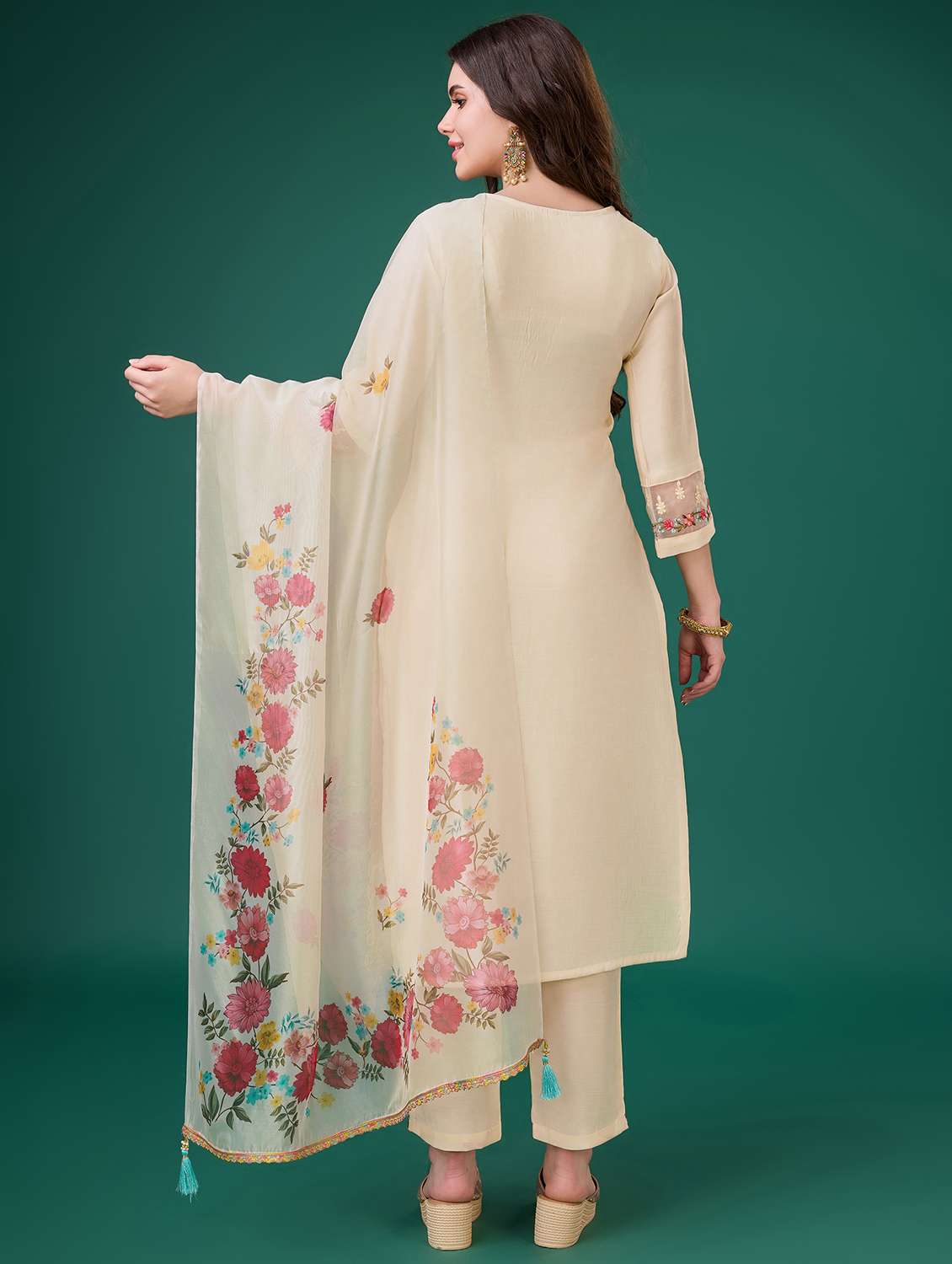 Buy online Women Cream V Neck Suit Set from ethnic wear for Women by ...