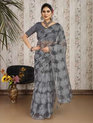 Buy online Grey Organza Printed Saree With Blouse from ethnic wear for ...
