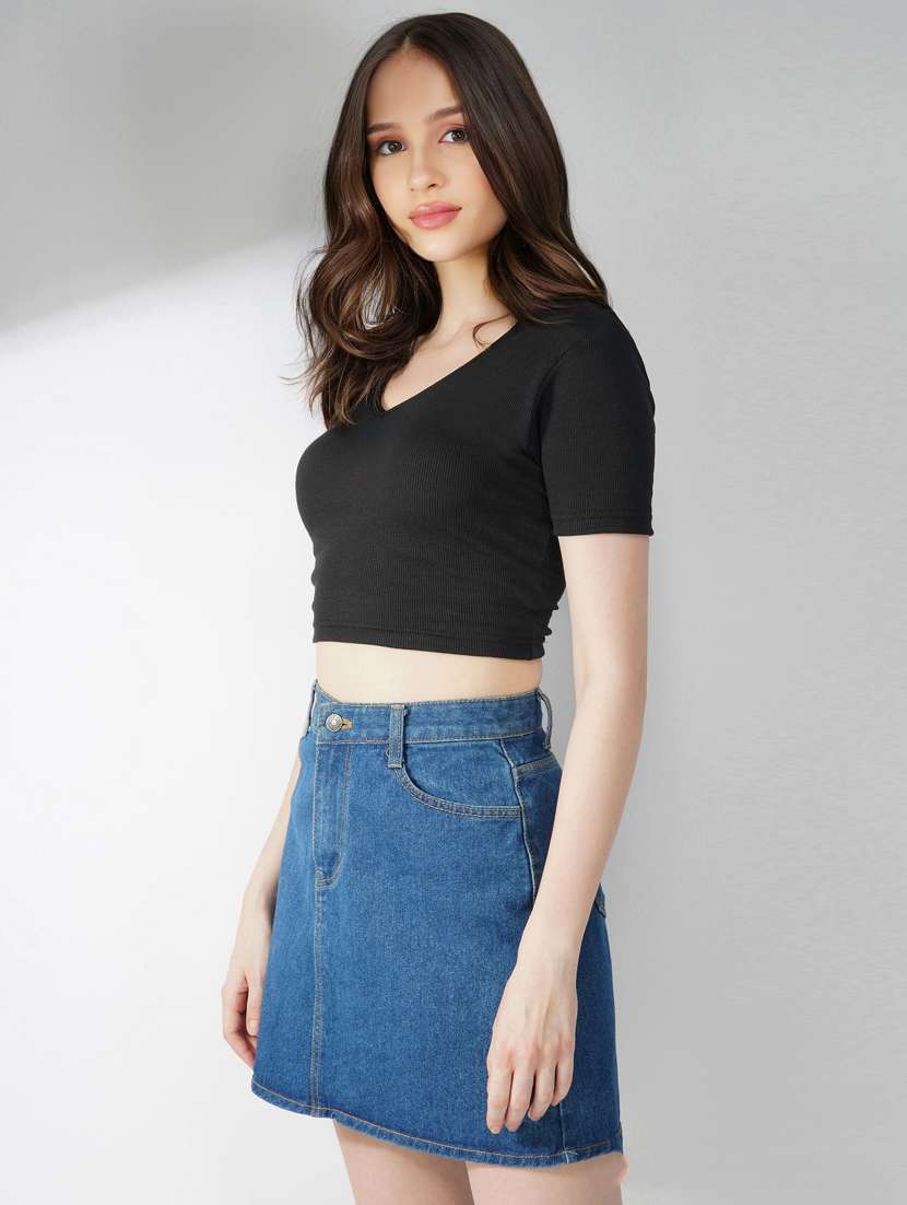 Buy online Women Solid Short Sleeves Crop Top from western wear for ...