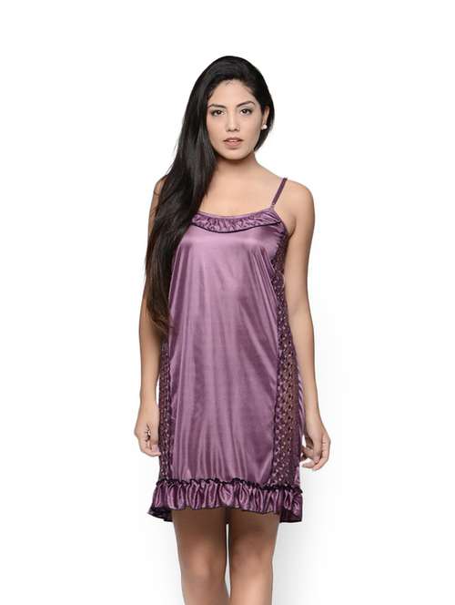 Buy online Ruffle And Lace Trimmed Purple Nighty from sleepwear for ...