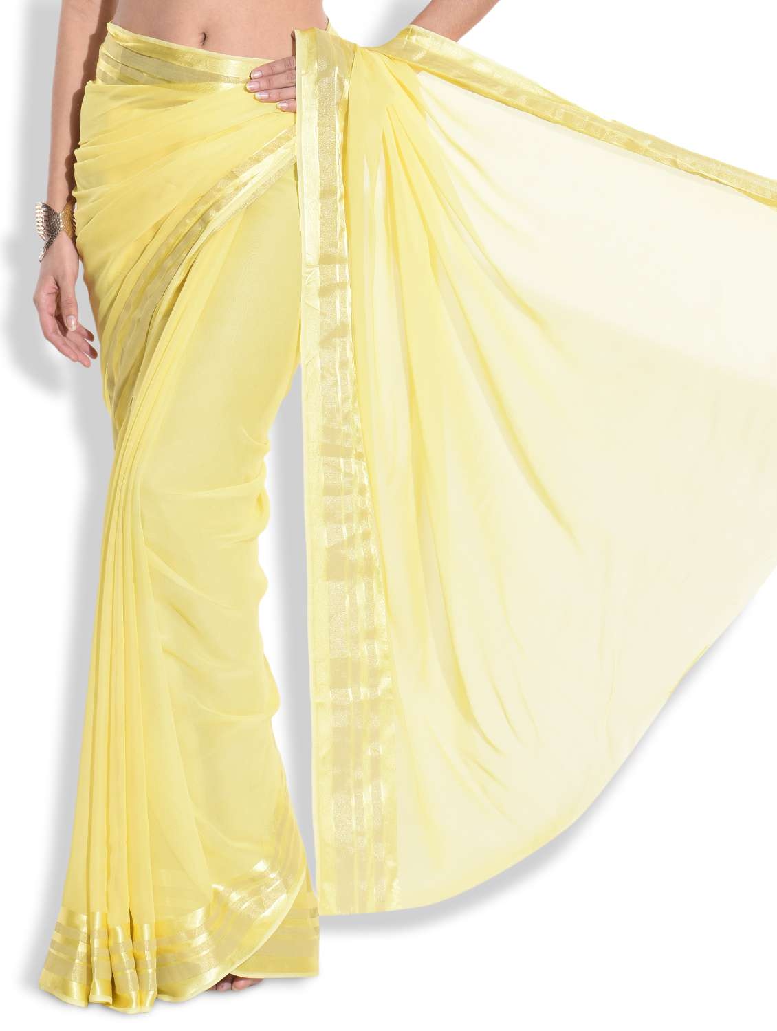 Buy online Light Yellow Poly Georgette Plain Saree from ethnic wear for ...