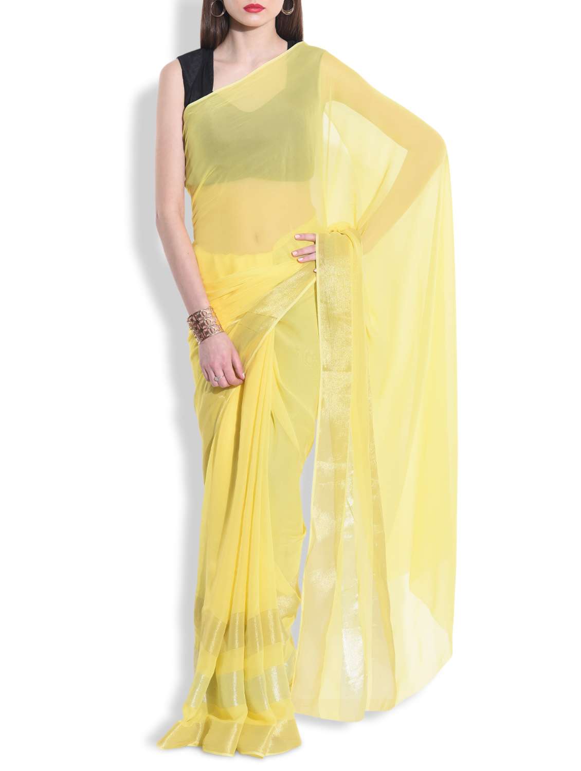 Buy online Light Yellow Poly Georgette Plain Saree from ethnic wear for ...